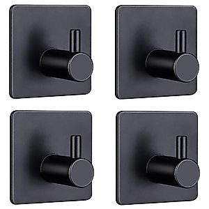 yeulluey 4pcs Towel Hooks for Bathrooms, Adhesive Hooks for Hanging Heavy Duty Waterproof Stainless Steel Black Kitchen Bathroom Wall Hooks for Coats Key Hat Wall Mount Sticky Towel Robe Hook Rack
