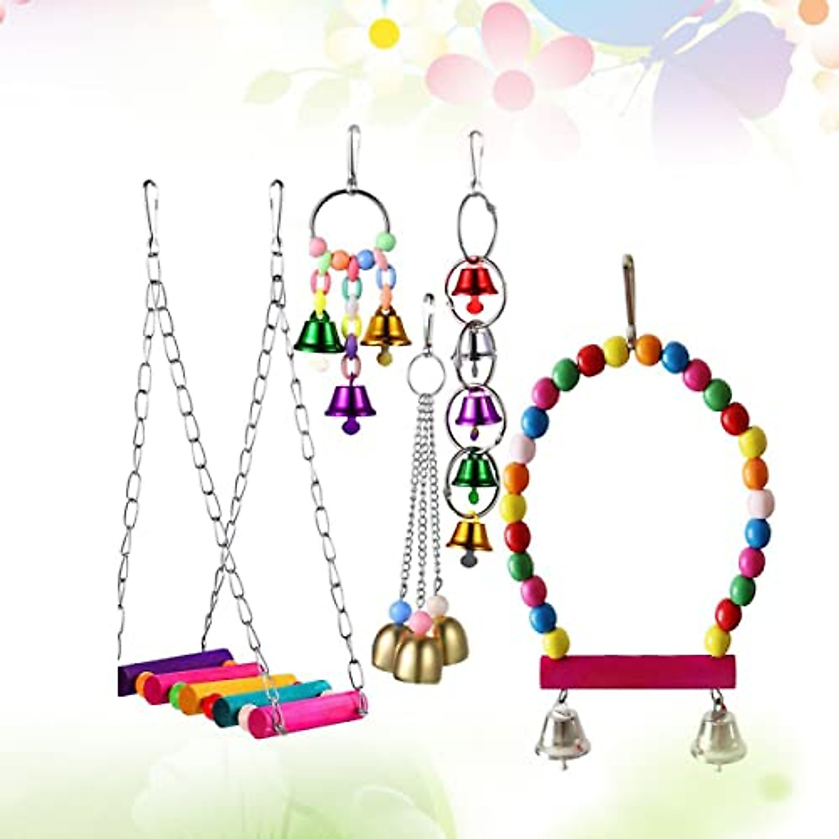 5pcs Toy Chewing Birds Cockatiels Small Conures Hanging Macaws Wooden Hammock Amusing Finches Bird Accessories Cage Creative Pet Love Parakeets Parrot Parrots Bell Perch for Swing