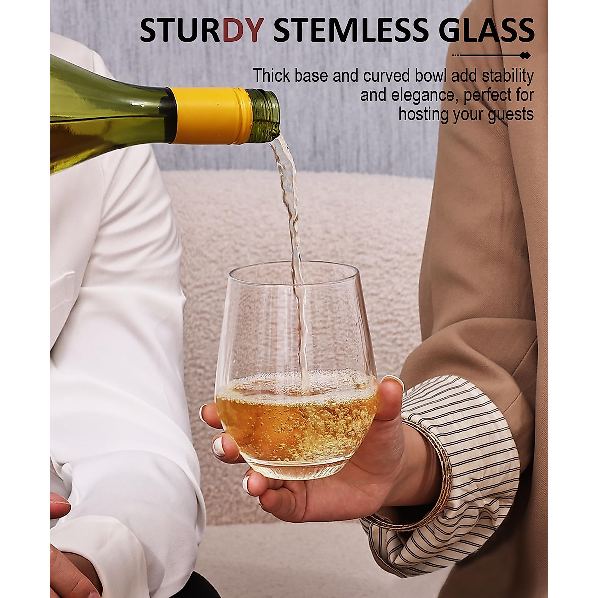 OJA Stemless Wine Glasses Set of 4, Premium Crystal Red White Wine Glasses, No Stem, Clear-15oz, Sturdy Drinking Glass for Daily Use, Birthday, Wedding, Home Party, Anniversary, Shower Gift