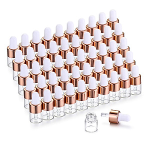 Clear Glass Dropper Bottles,50 Packs Essential Oils Bottles With Rose Gold Lids Perfume Sample Vials Travel DIY Cosmetic Liquid Containers 2 Pipettes Included (1ml(1/4 Dram))