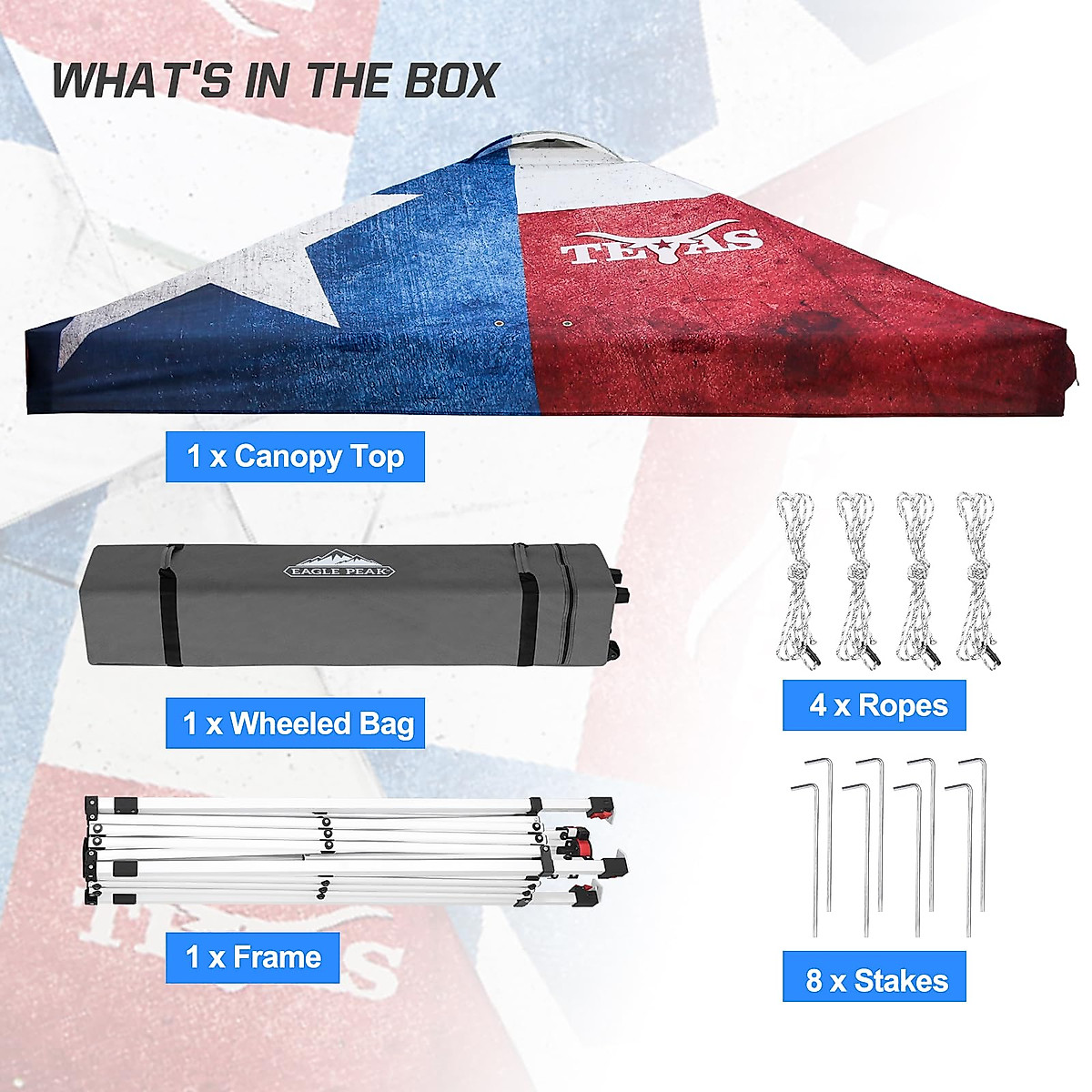 EAGLE PEAK 10x10 Pop Up Canopy, Instant Outdoor Canopy Tent, Straight Leg Pop Up Tent for Parties, Camping, The Beach and More, 100 Square Feet of Shade, Texas NEW