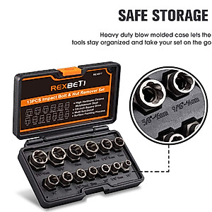 REXBETI Impact Bolt & Nut Remover Set, 13 Pieces Bolt Extractor Tool Set with Solid Storage Case