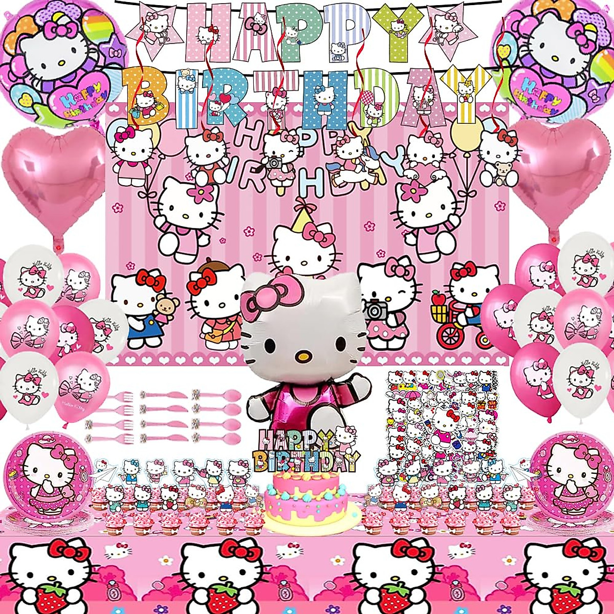 147Pcs Cartoon Cat Theme Party Supplies For Girls,Birthday Party Decorations,Includes banners, spirals, backdrops, tablecloths, plates, knives, forks and spoons, stickers, foil balloons, cake toppers