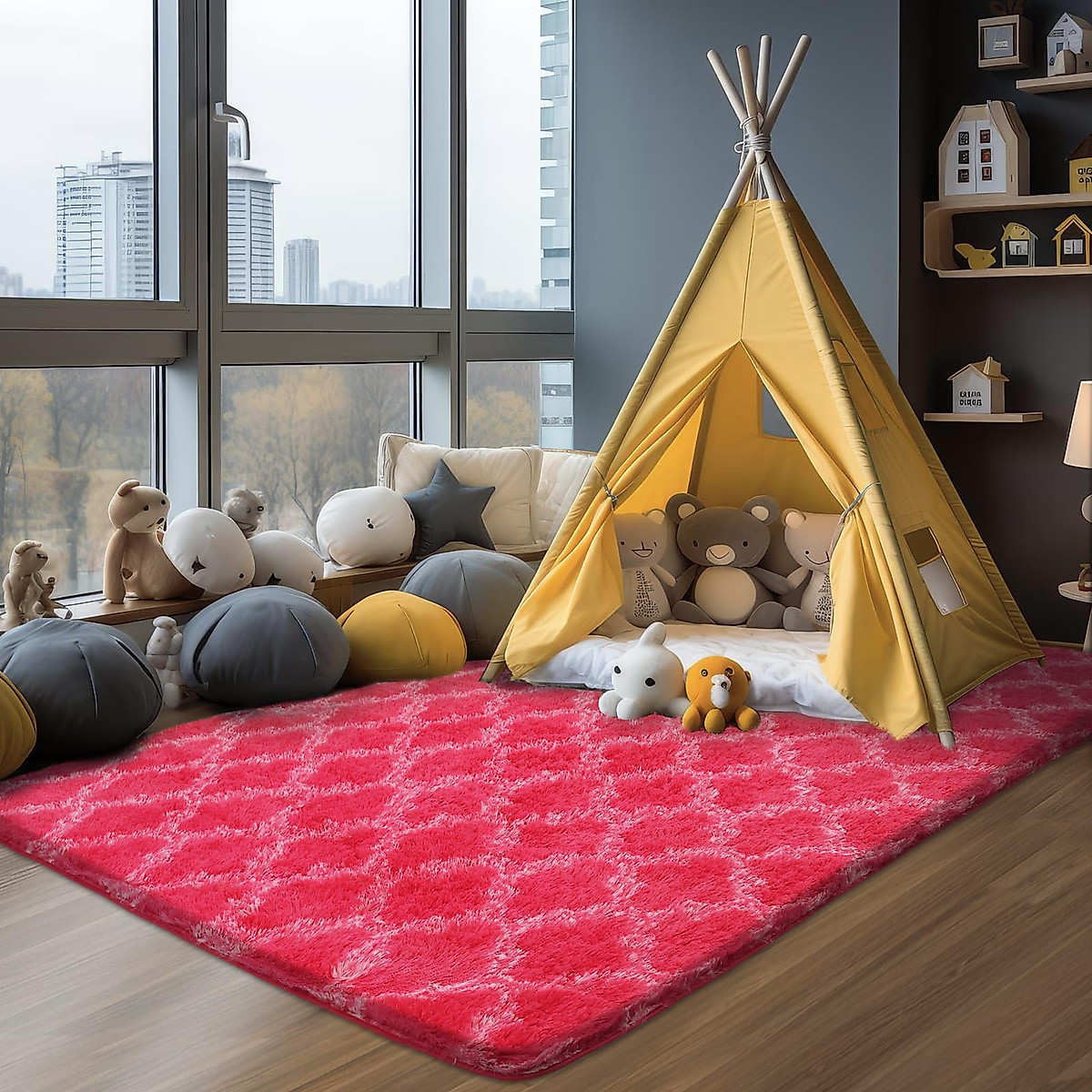 Puremy Luxury Rugs for Living Room, 3.8x6 Fluffy Area Rug Ultra Soft Indoor Carpet for Bedroom, Kids Room, Playroom, Home Decor, Geometric, Hot Pink/White