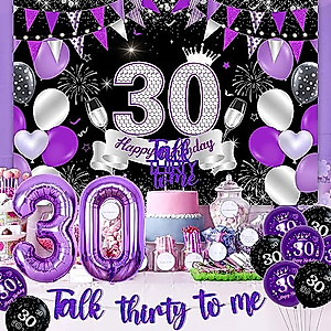 Balterever Talk Thirty to Me Birthday Decorations 30th Birthday Decorations Purple for Women with Talk Thirty to Me Banner Cake Topper 30th Birthday Backdrop 30& Fabulous Sash For Funny 30th Birthday