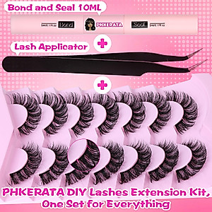 DIY Lash Extension Kit, Natural Lash Clusters 8-16MM Eyelash Extension Kit with Strong Hold Lash Bond and Seal & Eyelashes Applicator Tool, Individual D Curl Cat Eye Lashes Cluster by PHKERATA