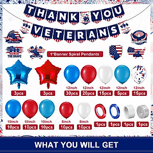 Realspring 147 Pcs Happy Veterans Day Party Decorations, Blue Red White Balloon Garland Arch Kit, Thank You Veterans Banner and Swirls Set for Thank You Veterans Party, Patriotic Party Supplies
