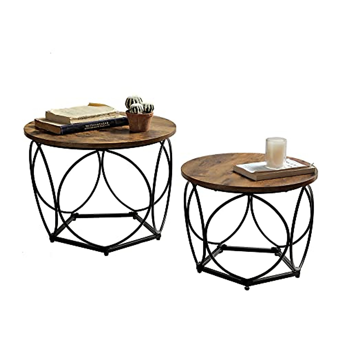 Round Coffee Table, Modern Coffee Table Set of 2 Wooden Surface with Metal Frame, Small Side Table, End Table for Living Room, Bedroom, Home Office, Farmhouse, Rustic Brown and Black