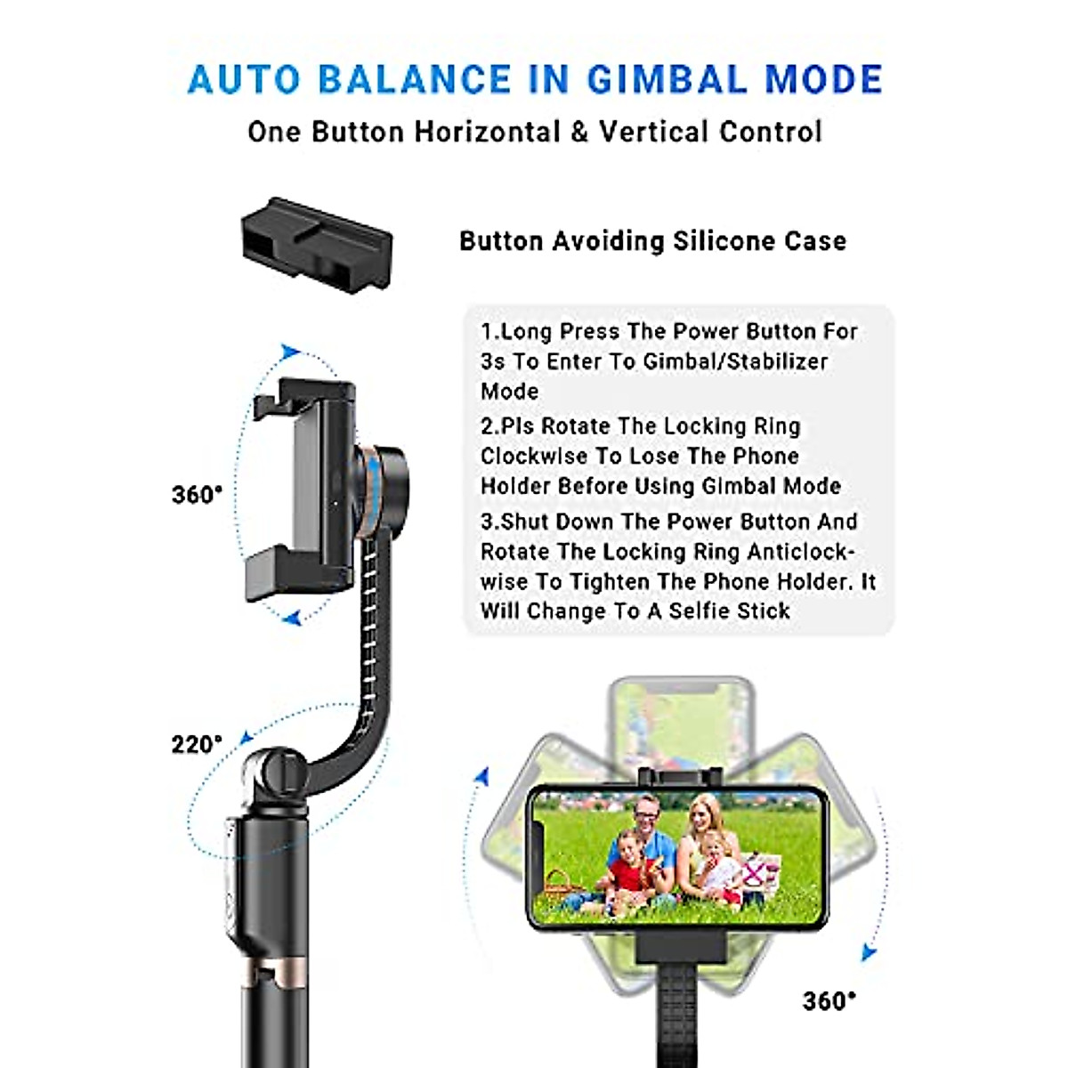 Gimbal Stabilizer For Smartphone, APEXEL 360° Rotation Auto Balance Small Portable Handhold Selfie Stick Tripod With Wireless Remote, 1-Axis Lightweight Extendable Stabilizer Gimble Iphone Phone Gopro