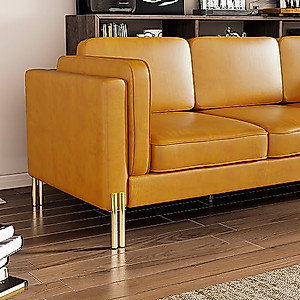 Goohome 94.88" Large PU Faux Leather Sofa, Mid-Century Modern Comfort Breathable Upholstered 3-Seater Sofá with Gold Metal feet and Removable Cushions, for Living Room Furniture Apartment, E-Brown a