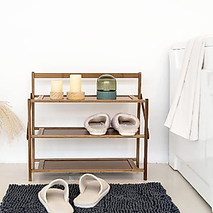 Small 3-Tier Shoe Rack for Closet & Entryway, Installation-Free Foldable Bamboo Shoes Storage Organizer, Sturdy Free Standing Three Shelf Shoe Stand for 6-9 Pairs, Brown 20x18x9 Inches