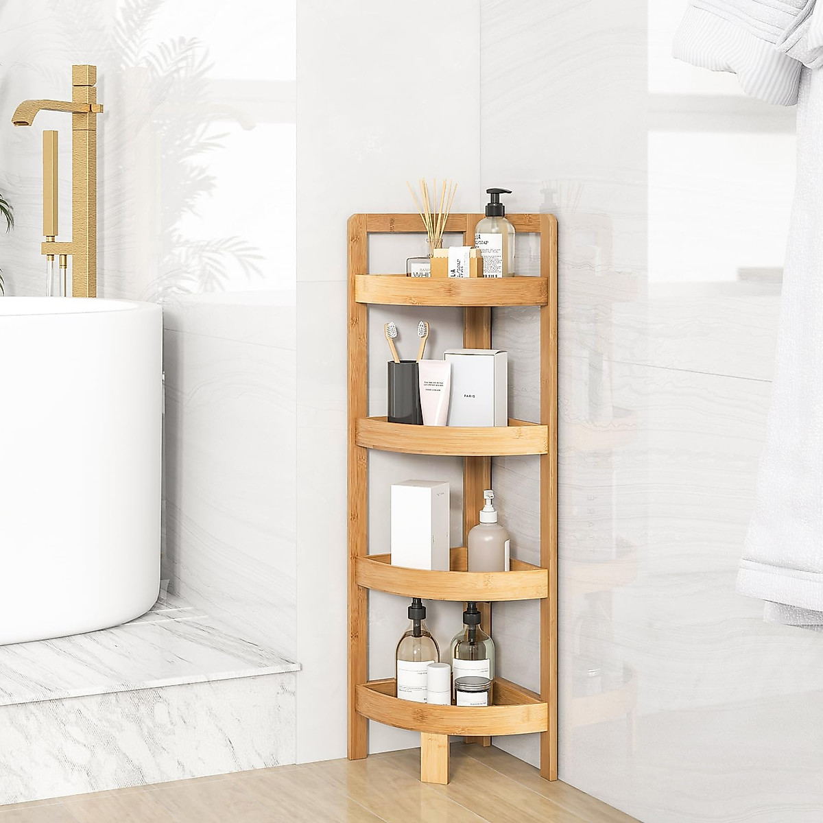 COSTWAY 4 Tier Corner Shelf, 31.5" Bamboo Bookshelf Standing Storage Rack w/Fall Prevention Rail, Ladder Shelf, Freestanding Bathroom Shelf for Bathroom, Living Room, Bedroom, Kitchen, Natural