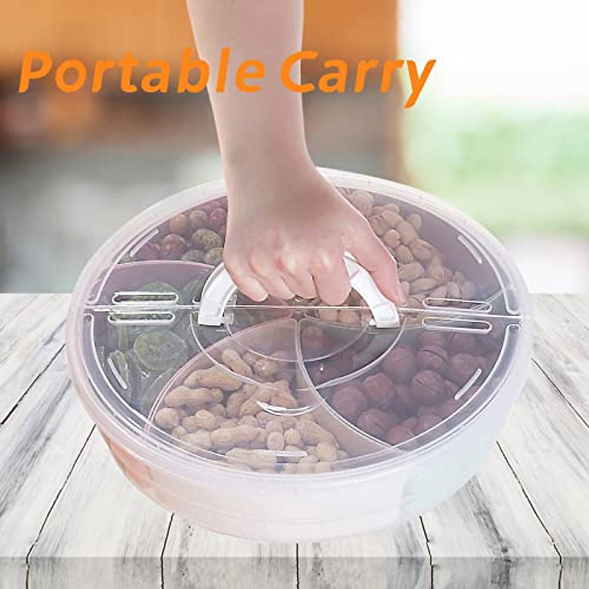 Round Divided Serving Tray Platter with Lid & Handle Storage Container, 5 Colorful Compartment Box Clear Organizer, Compartment Party Platter for Candy, Appetizer, Snack, Fruit, Nuts, Veggie, Parties