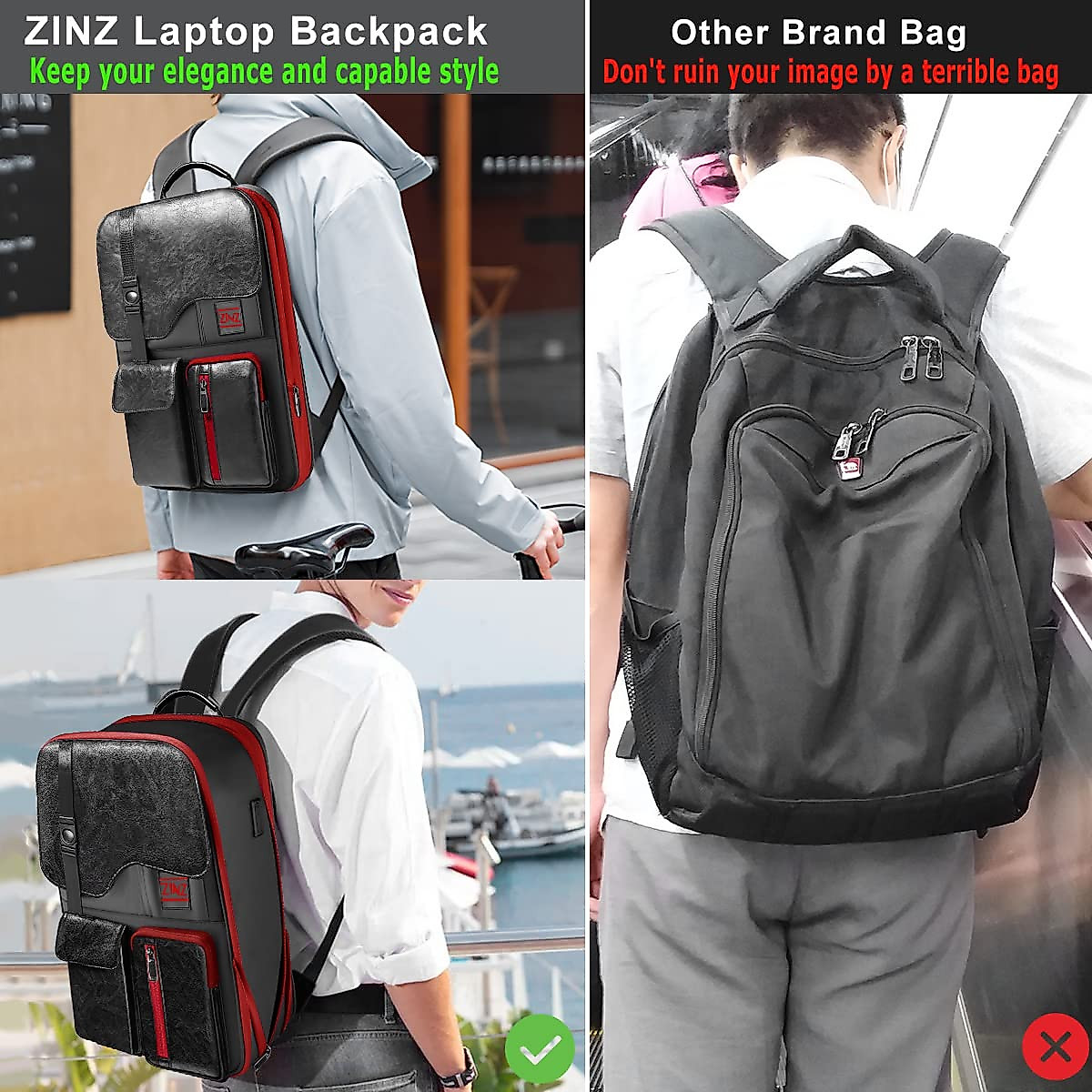 ZINZ Slim & Expandable Laptop Backpack 15.6 Inch Business Backpack with USB Port, Waterproof Anti-Theft Travel Backpack Daypack Bookbag for Men and Women -Black&Red
