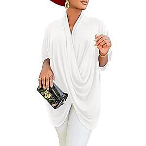 LYANER Women's Wrap V Neck Ruched Short Sleeve Split Hem Blouse Shirt Tunic Top White Large