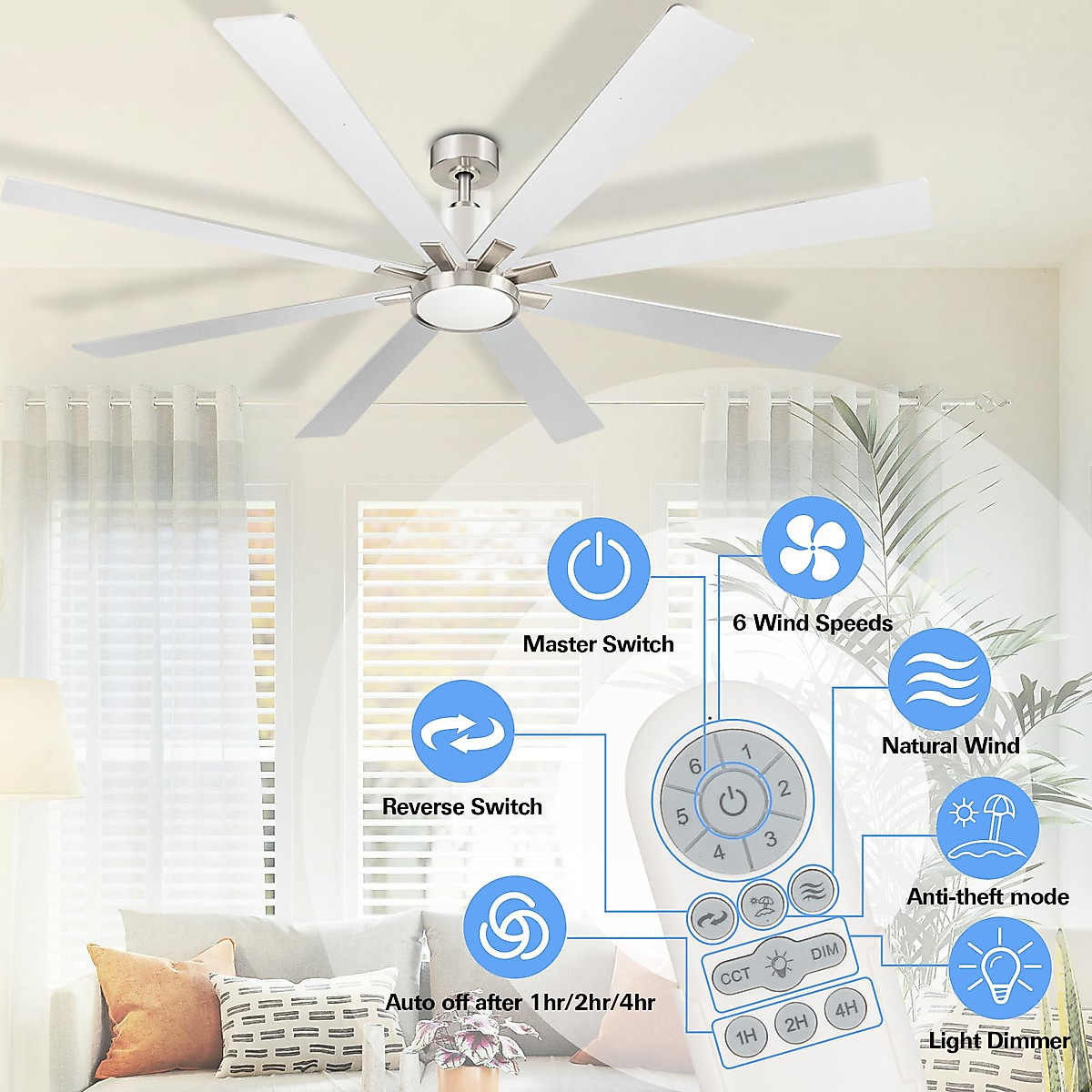 hykolity 72 Inch Indoor Ceiling Fans with Lights and Remote Control,Quiet Indoor Reversible DC Motor Ceiling Fan,8 Blades, Dimmable, 5CCT,6-Speed Ceiling Fan -Brushed Nickel
