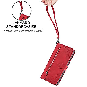 ONV Wallet Case for Oppo A92 / Oppo A72 / Oppo A52 - with Zipper Wrist Strap Emboss Flower Flip Phone Case Card Slot Magnet Leather Shell Flip Stand Cover for Oppo A92 / Oppo A72 / Oppo A52[SZY] -Red