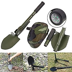 Hovico Military Portable Folding Shovel and Pickax, Small Compact Pickaxe with Carrying Pouch, Military Entrenching Survival Multitool for Camping, Hiking, Backpacking, Pouch Included - Green