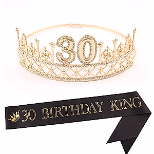 BRT Bearingshui 30th Birthday Sash and Tiara for Men, 30 Gold Birthday Crown 30 Birthday King Sash for Men, 30th Birthday Gifts for Happy 30th Birthday Party Supplies