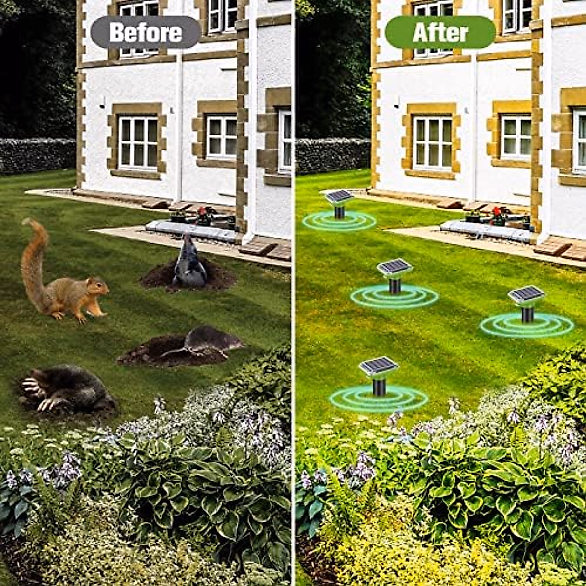 4Pcs Mole Repellent,Solar Ultrasonic Pest Repeller Stakes,Outdoor Animal Gopher Deterrent Spikes for Groundhog, Moles,Vole,Snakes, Waterproof Rodent Chaser Stakes Snake Repeller for Lawn Garden Yard