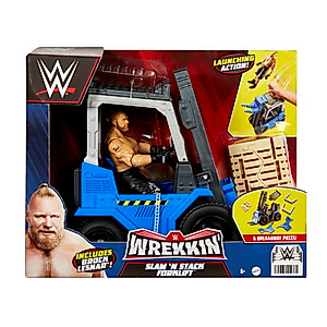Mattel WWE Wrekkin' Slam & Stack Forklift & Action Figure Playset with Toy Vehicle & Brock Lesnar 6-inch Collectible, Moving Lift & Breakaway Parts
