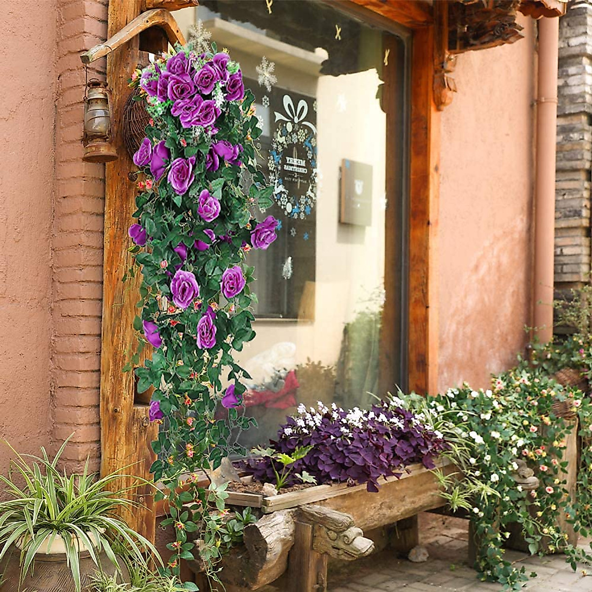 Haoyuetch 2PCS Artificial Rose Vine Flowers with Green Leaves,3Ft Hanging Rose Ivy Plants for Home Wedding Party Garden Wall Decoration (Purple)