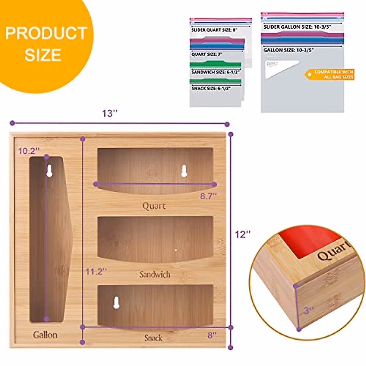 YIHATA Ziplock Bag Organizer, Bamboo Storage Bag Organizer, Pullable Baggie Organizer for Drawer Kitchen, Space-Save Bag Holder Container for Gallon, Quart, Sandwich & Snack Bags, 1 Box 4 Slots