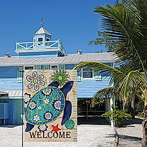 Dyrenson Home Decorative Welcome Quote Outdoor Turtle Beach Garden Flag Double Sided, Tropical Ocean House Yard Flag, Rustic Coastal Garden Yard Nautical Sea Decorations, Seasonal Outdoor Flag 12 x 18