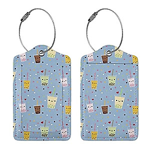 Axrbszi Happy Boba Bubble Tea Print Leather Luggage Tag Name ID Labels with Privacy Cover, for Travel Baggage Bag Suitcase 4 PCS