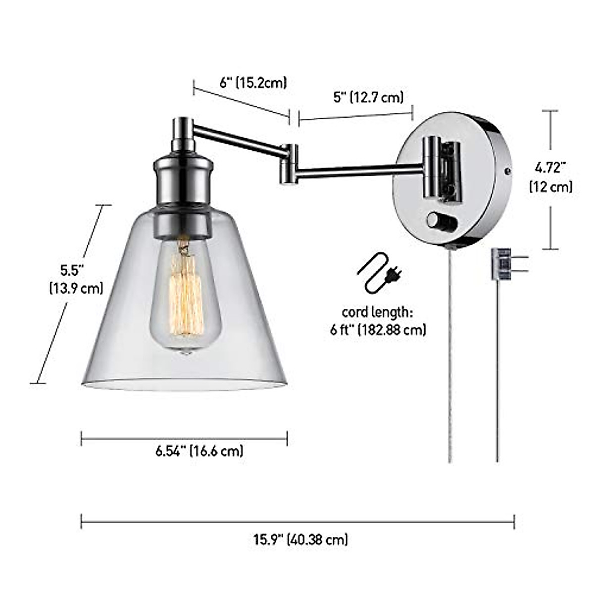 Globe Electric 65704 1-Light Plug-in or Hardwire Industrial Wall Sconce, Chrome Finish, On/Off Rotary Switch, 6ft Clear Cord, Clear Glass Shade, Wall Lights for Bedroom Plug in, Kitchen Sconces