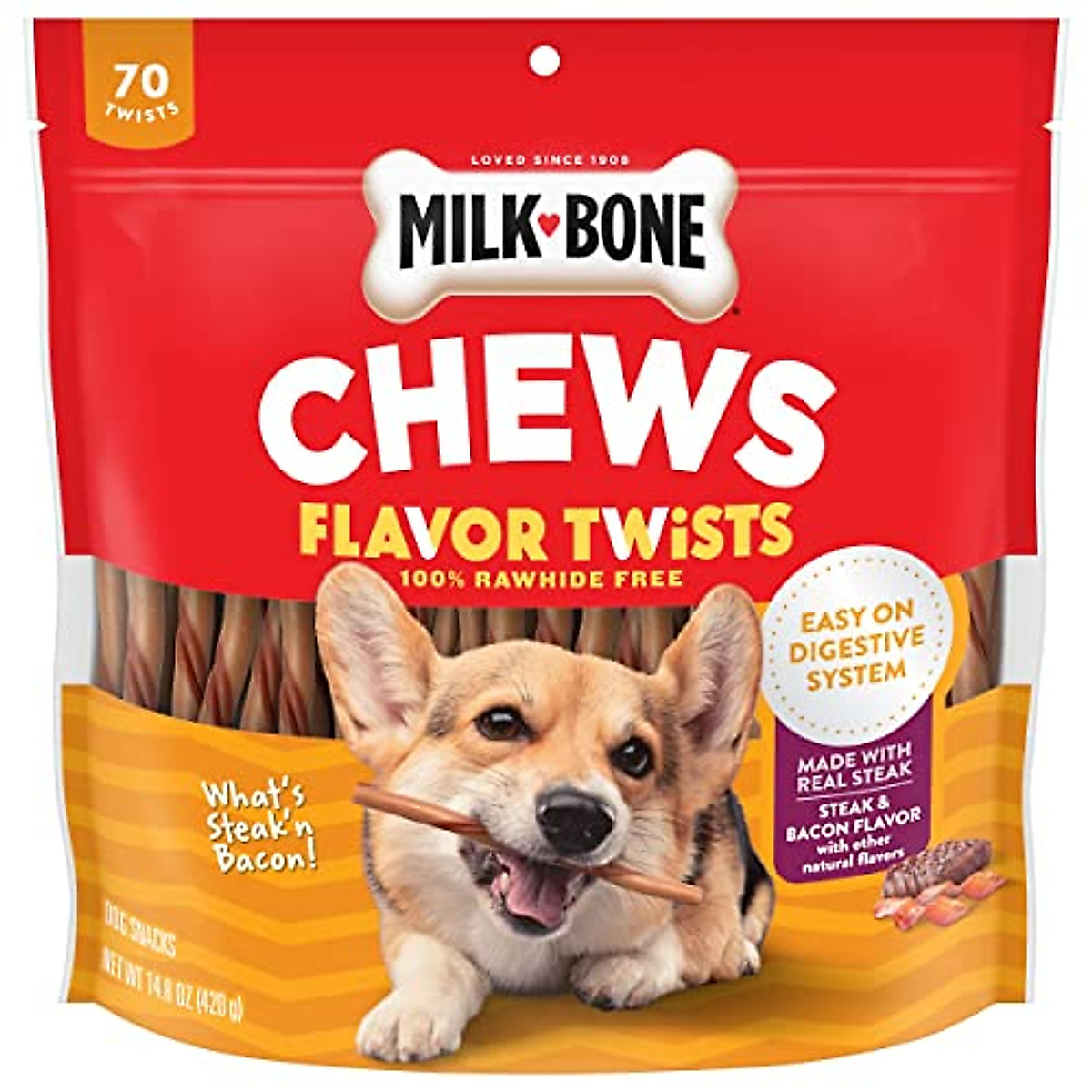 Milk-Bone What′s Steak′n Bacon Flavor Twists, Rawhide Free Dog Chews, Bag of 70