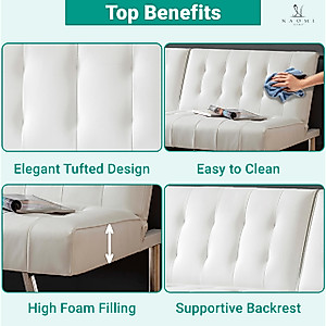 Naomi Home Tufted Split Back Futon Sofa Bed, Faux Leather Couch Bed, Futon Convertible Sofa Bed with Chrome Legs, Folding, Reclining Small Convertible Couch, Futon Couches for Living Room White