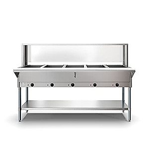 KoolMore 5-Pan Open Well Commercial Electric SS Steam Table Food Warmer for Buffets with Sneeze Guard, Overshelf, Undershelf, Warming Control Knobs, Front Serving Area [240V] (KM-OWS-5SG), Silver