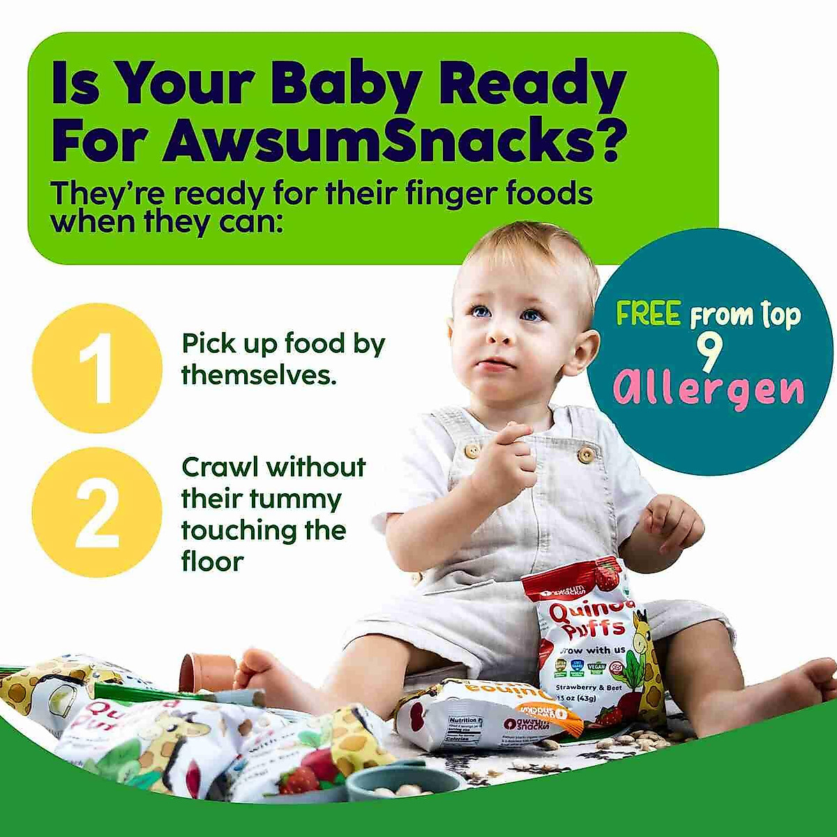 Awsum Organics Baby Snacks - Happy Healthy Baby Food - Snack for babies - Vegan Kosher Gluten Free - Natural Plant Based Protein Puffs - Non-Allergy - No Added Sugar 0.75 Oz Bag (Variety, 4 packs).
