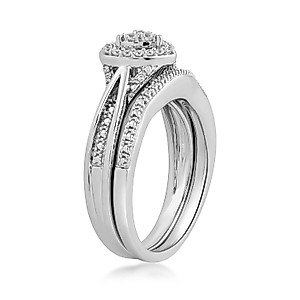 Jewelili Sterling Silver 1/5 Cttw Natural White Round Diamond Heart Bridal Set Engagement Ring, Size 7