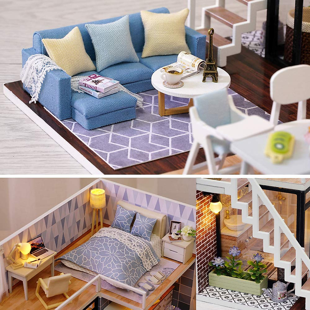MAGQOO 3D Wooden Dollhouse Miniature DIY House Kit with Furniture,1:24 DIY Dollhouse Kit Dust Proof Included (Blue Times)