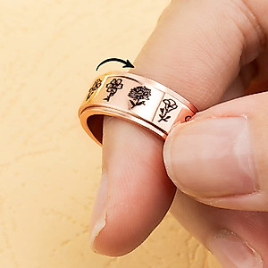 Custom Engraved Birth Flower Rings for Women Mothers 360 Rotating Spinner Ring Stainless Steel Personalized 1-13 Birth Month Flowers Ring for Her Mom Grandma Gift Fidget Rings Anxiety Worry Rings