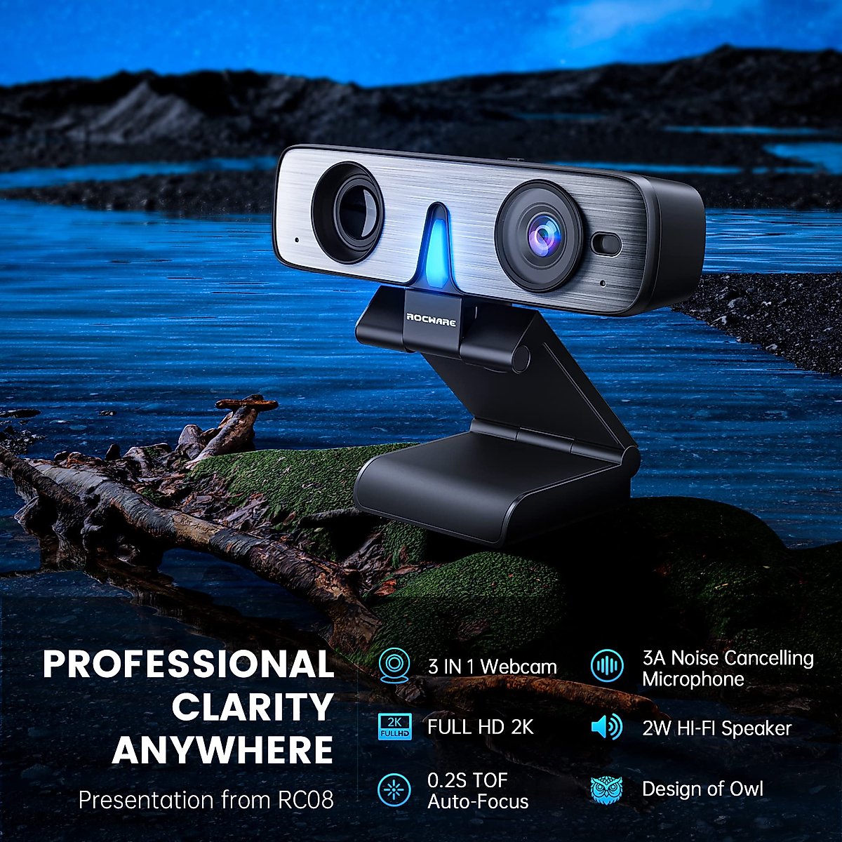 ROCWARE Autofocus Webcam with Microphone Speaker, RC08 2K Web Cam, Computer Camera for PC with Noise Reduction Mic/Harman Speaker/4X Eptz/Privacy Cover/0.2S Auto-Focus/Low Illumination, for Zoom/Teams