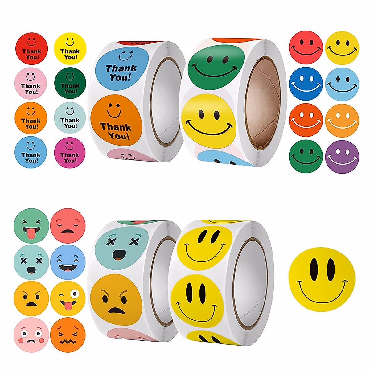 Agwut 2000 Pieces Happy Smile Stickers for Kids,Smile Face Circle Dots Stick Labels,Thank You Sticker, Reward Stickers Supplies for Teachers and Mothers (4 Rolls)