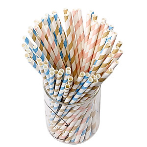 Webake Biodegradable Paper Straws 150 Bulk, Pastel Pink Baby Blue Brown Striped Drinking Straws for Birthday, Boy Girl Baby Shower, Gender Reveal, Wedding Party Suppliers & Decorations