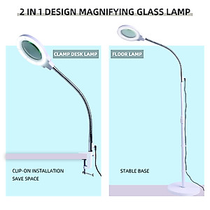 FHHKAAD 2 in 1 Magnifying Floor Lamp 5X with Bright LED Light Adjustable，Flexibility Magnifier Lamp for Reading，Sewing，Repair，Crafts & Hobbies -12W - White