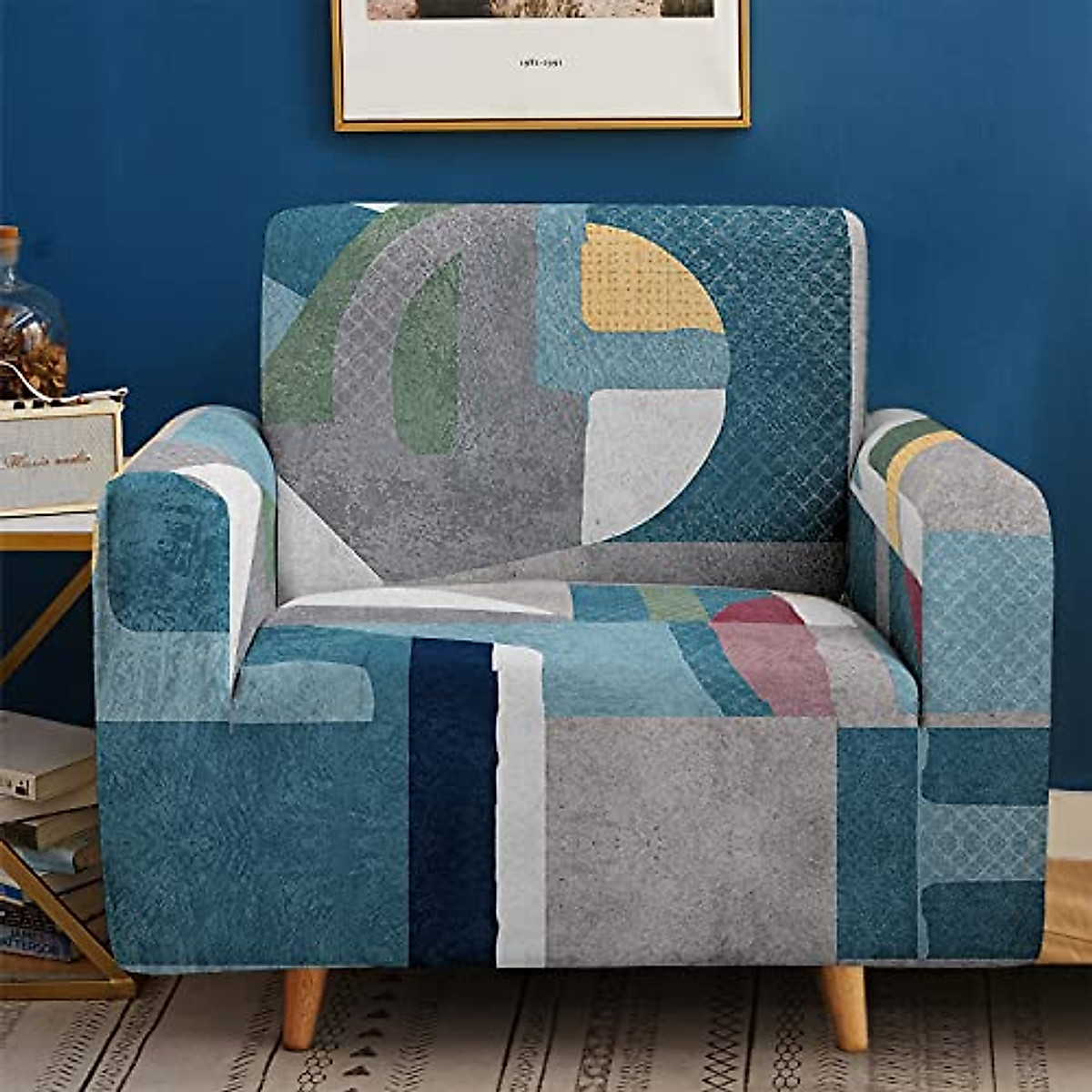 HOSIMA Geometric Irregularity Sofa Covers for 4 Cushion Couch,Blue and Grey X-Large Couch Slipcover,Printed Stretch Washable X-Large Slipcover Furniture Protector for Living Room,X-Large(93-118 inch)