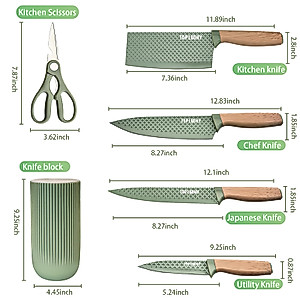Knife Set, 6 Pieces Professional Kitchen Knife Set with Universal Knife Block, Super Sharp Knife Set with Ergonomic Handle Non-stick Stainless Steel Knife Block Set (Green)