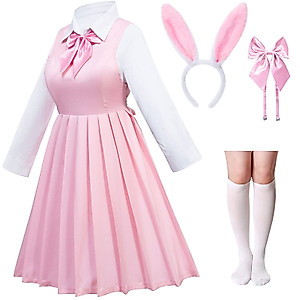 Classic Japanese School Girls Sailor Suit Dress Shirt Skirt JK Kawaii Anime Bunny Ears Cosplay Costumes Socks Bow Set Pink L