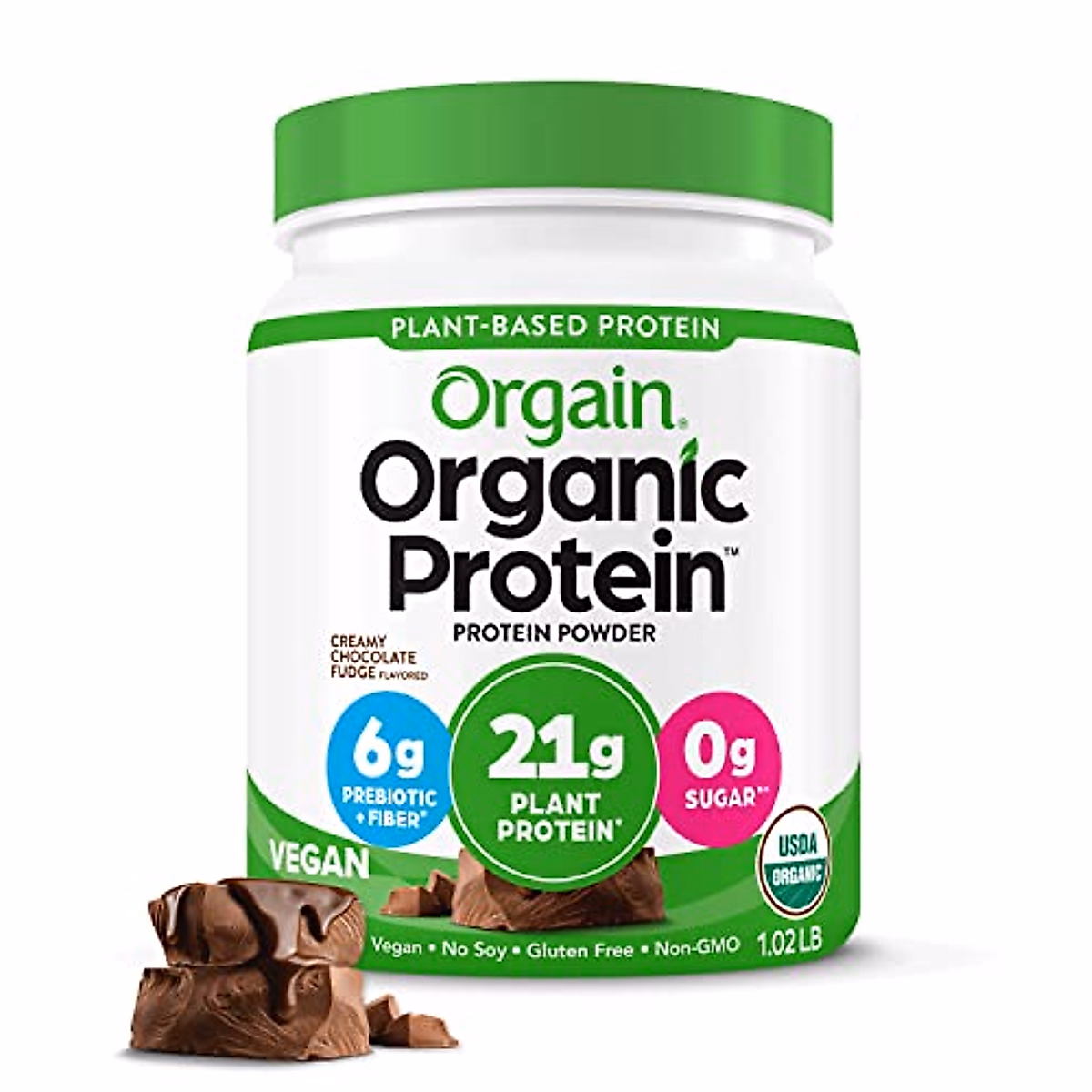 Orgain Organic Vegan Protein Powder, Creamy Chocolate Fudge - 21g of Plant Based Protein, Low Net Carbs, Non Dairy, Gluten Free, Lactose Free, No Sugar Added, Soy Free, Kosher, 1.02 Pound