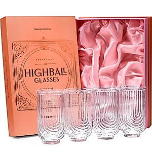 Vintage Art Deco Highball Gatsby Cocktail Glasses | Set of 4 | 14 oz Double HiBall Glassware for Drinking Mojito, Gin Rickey, Whiskey Highball, Classic Long Bar Drinks | Large Tall Tumblers