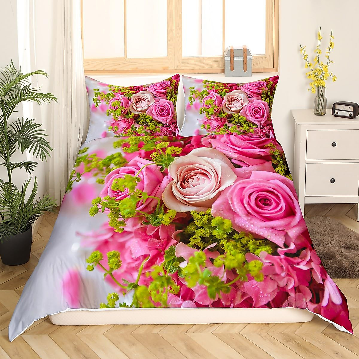 Feelyou Pink Roses Duvet Cover Set Queen Size Valentine's Day Bedding Set for Her Kids Teens Girls Lovers Couple Wife Rose Flowers Room Decor Valentines Floral Comforter Cover with 2 Pillow Shams