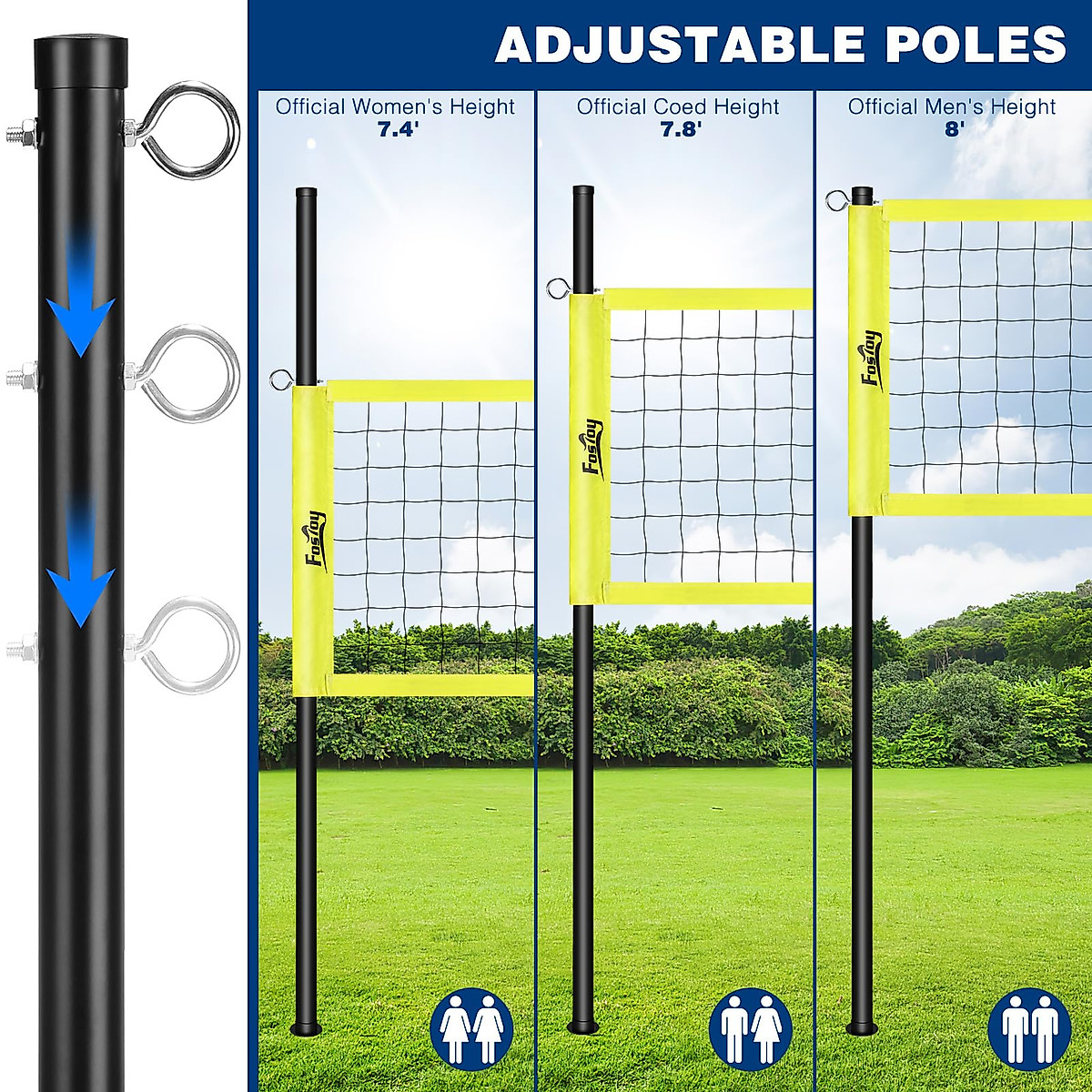 Fostoy Volleyball Net Outdoor, Professional Portable Volleyball Net Set with Adjustable Height Poles, Anti-Sag System, Soft Volleyball, Pump, Boundary Line and Carrying Bag for Backyard, Beach, Lawn