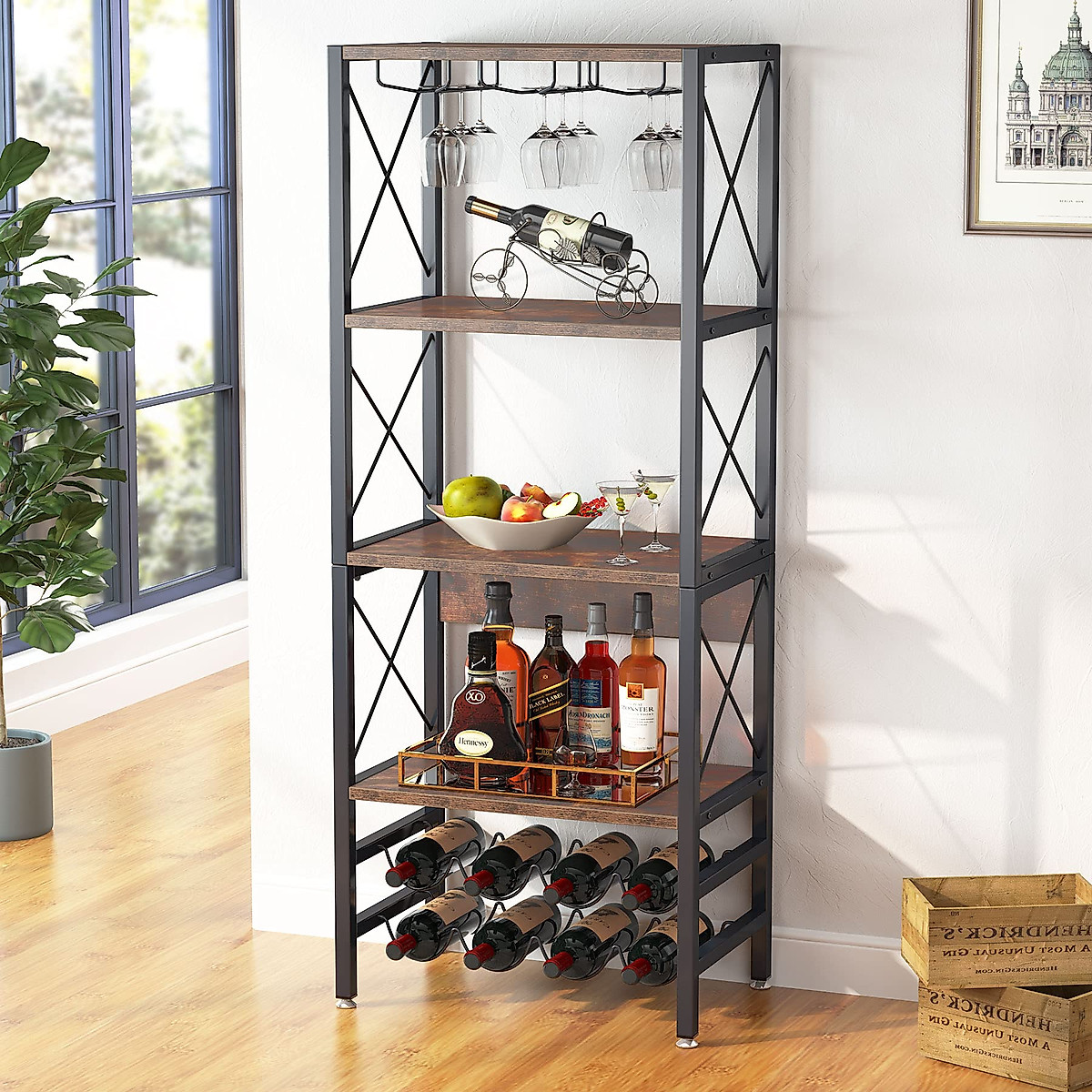 Tribesigns Wine Bakers Rack, 4-Tier Industrial Wine Rack freestanding Floor with Glass Holder and Wine Storage, Wine Bar Cabinet with Storage for Home Kitchen Dining Room, Rustic Brown