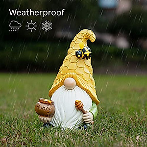 LA JOLIE MUSE Garden Gnomes Statue -11.3'' Resin Summer Bee Gnome Figurine Holding Honey Jar with Solar LED Lights, Outdoor Decoration for Patio Yard Lawn Porch, Ornament